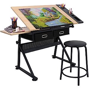 JupiterForce Drafting Table Art Desk with 2 Storage Drawers, Height Adjustable Drawing Table for Painters, Working, Writing, Home Office, Natural