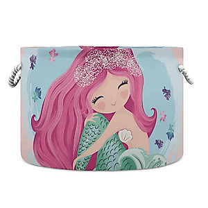 ALAZA Cute Mermaid Fish Seashell Pink Storage Basket Gift Baskets Large Collapsible Laundry Hamper with Handle, 20x20x14 in Multi B06D20005