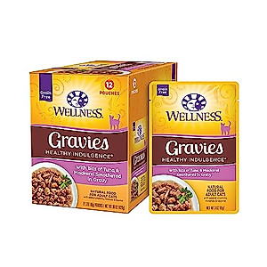 Wellness Healthy Indulgence Gravies Grain-Free Wet Cat Food, Made with Natural Ingredients and Quality Proteins, Complete and Balanced Meal, 3 oz Pouches (Tuna & Mackeral in Gravy, 24 Pack)