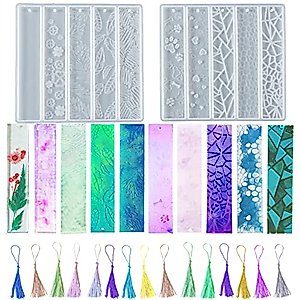 2 Set of Bookmark with Tassel Silicone Resin Mold Rectangle Leaves Texture Flower Shaped Epoxy Silicone Casting Molds Bookmark for Reading Book 10 Styles,3D DIY Making Handmade Decor Crafts
