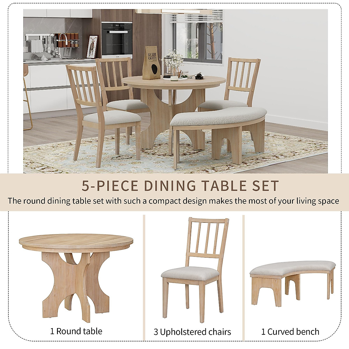 Merax 5-Piece Dining Set, 44" Round Table with Curved Bench and Side Chairs for 4-5 People, for Kitchen, Natural Wood Wash