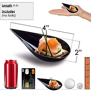 DLux 100 4-in Tear Drop Mini Appetizer Plates, Reusable Black Plastic Spoons - Desserts and Appetizers Dishes Serving Plate - Asian Spoon Set, Small Catering Dessert Tasting Cups - with Recipe Ebook