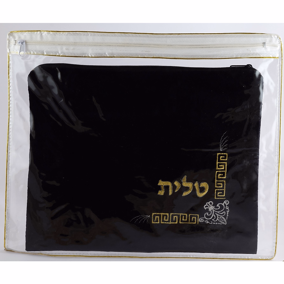 aJudaica Velvet Tallit Bag - Fleur De Lys Design Prayer Shawl Bag with Plastic Protector (Tallit Bag - Dark Blue)