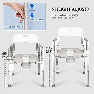 4-in-1 Raised Toilet Seat with Handles and Backrest, Bedside Commode Chair with 5L Collapsible Bucket, 330lbs Stand Alone Raised Toilet Seat, Toilet Safety Frame for Elderly, Pregnant, Disabled