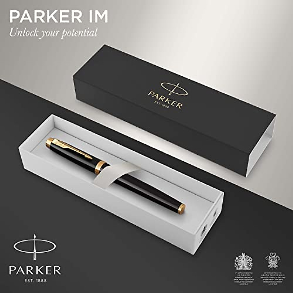 PARKER IM Rollerball Pen, Black Lacquer Gold Trim with Fine Point Black Ink Refill, Gift Box (1931659), Black and Gold
