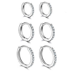 925 Sterling Silver Small Hoop Earrings Cubic Zirconia Huggie Tiny Earrings,3 Pairs 14K White Gold Plated Cartilage Piercing Earrings Ear Cuff for Women Men 8mm 10mm 12mm