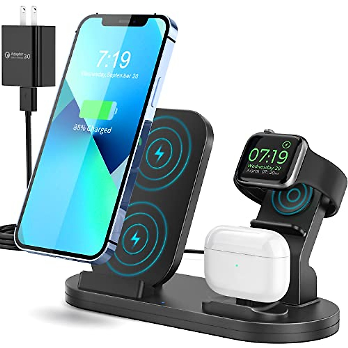 Wireless Charging Station for Apple Products, 3 in 1 Wireless Charger Stand for iPhone 8 Above Series, iWatch 8/Ultra/7/6/SE/5/4/3/2/1, Airpods Pro/3/2/1(with 18W Adapter)(Black)