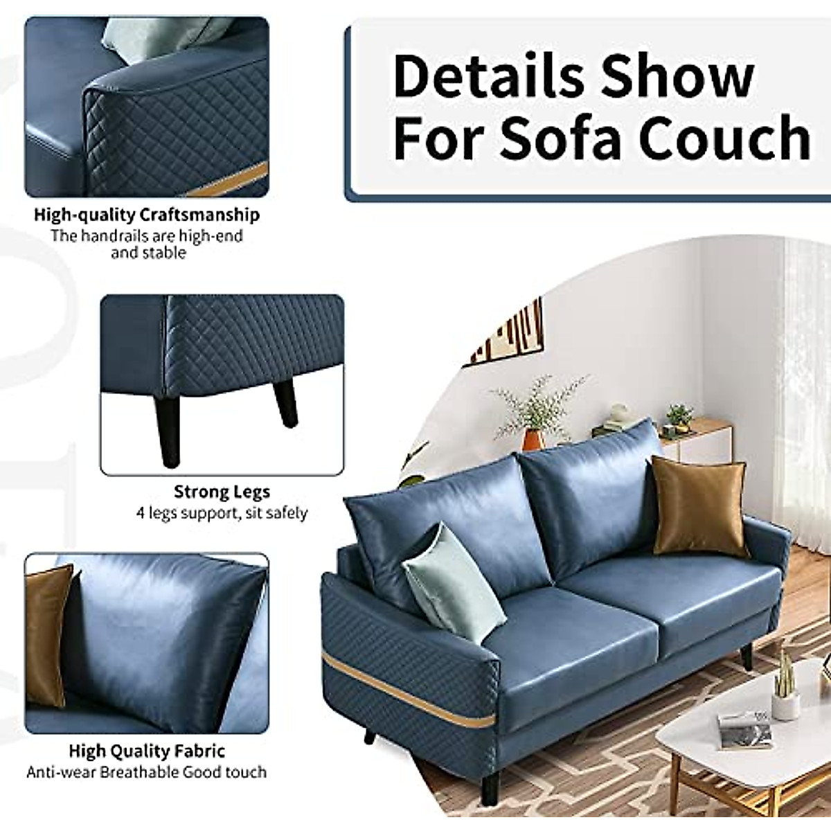 gefayluo Faux Leather Sofa Couch, Mid-Century 72 Inch 2 Seater Leather Couch Loveseat Large Classic Living Room Sofa, Deep Seated Leather Sofa with Solid Wood Legs for Bedroom Office Apartment (Blue)