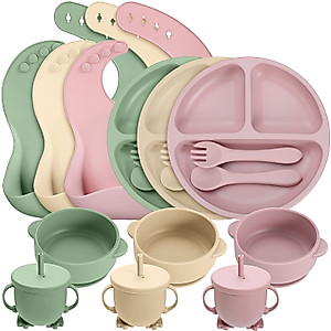 18 Pcs Silicone Baby Feeding Set Infant Dinnerware Adjustable Silicone Toddler Bibs Baby Plates and Bowls Set Suction Bowls Divided Plates Spoons Fork Cups Utensils(Beige, Pink, Navy Green)