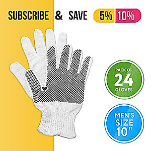 ABC String Knit Gloves with Grip Dots 10'', Pack of 24 White Work Cotton Gloves with Polyester Materials, Reusable PVC Dotted Working Gloves, Safety Work Gloves for Industrial Work