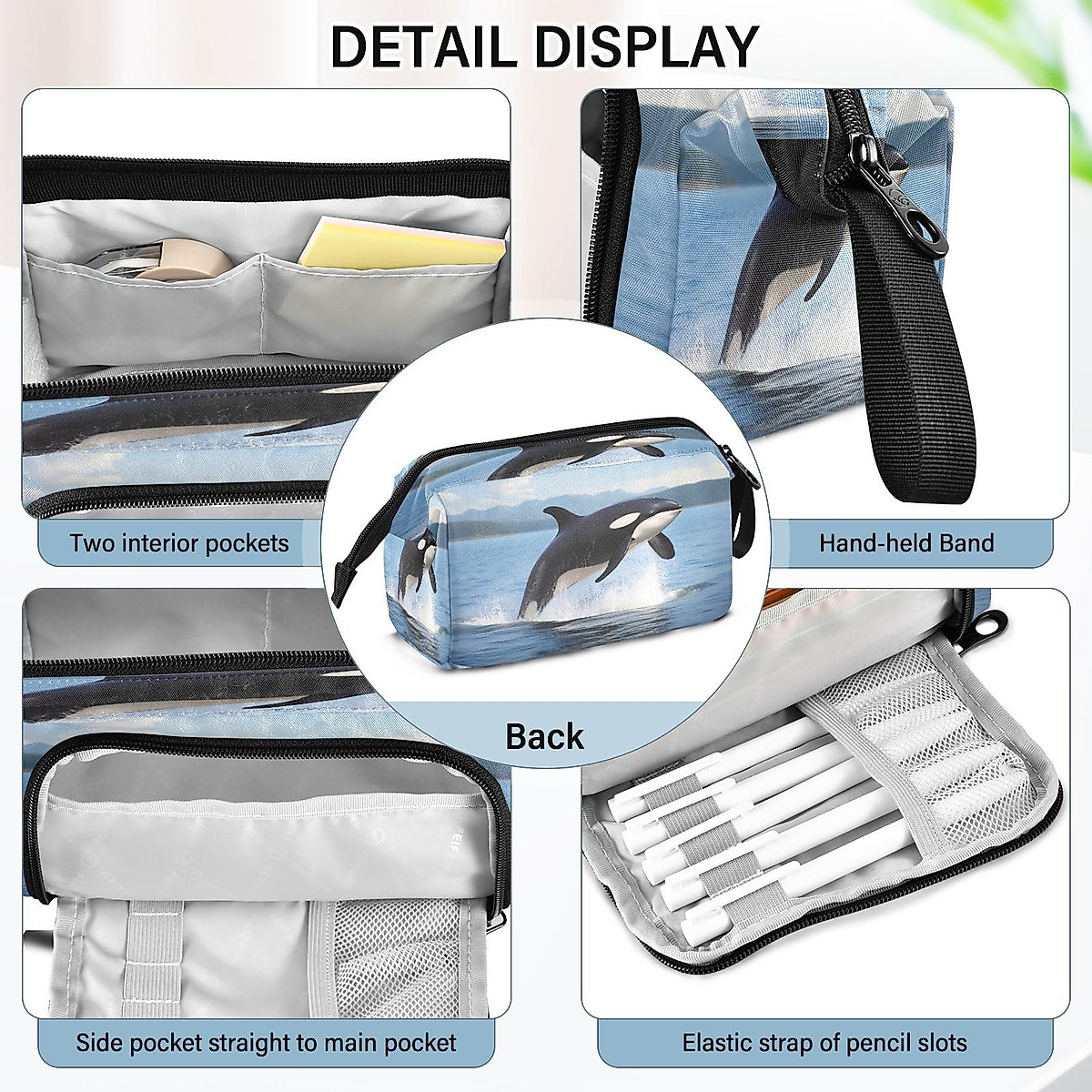 Emelivor Orca Whale with Ocean Pencil Case Large Capacity Pencil Pouch Bag with Compartmens Pen Bag Case with Zipper Stationery Bag Pencil Organizer for School Office Men Women Adults
