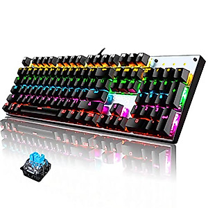Wired Mechanical Gaming Keyboard Blue Switch 104 Keys RGB Rainbow LED 9 Backlight Modes Full Anti-ghosting Metal Panel Waterproof Ergonomic Key Layout USB for Gamers Typists(Black)