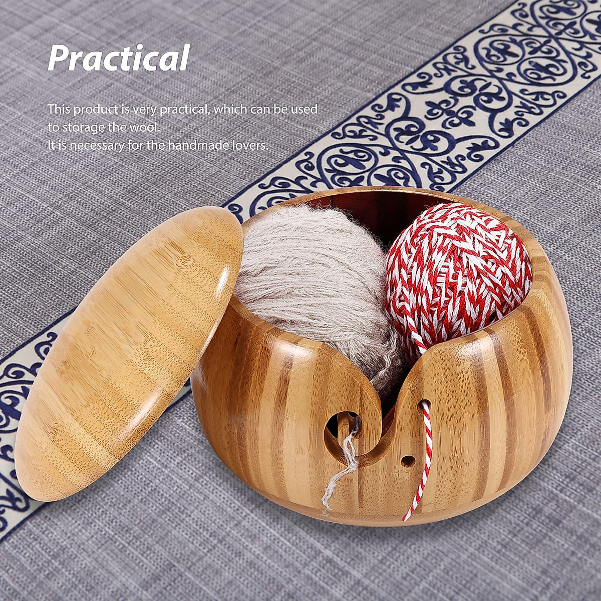 Bamboo Yarn Bowl, Handmade Knitting Yarn Storage Bowl with Removable Lid and Holes, Large Size Knitting Bowl Wool Holder Carbonized Bowl Box for Crochet Knitting Home Decor