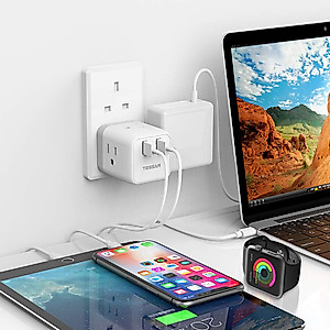 TESSAN US to UK Plug Adapter, Type G UK Travel Plug Adapter, Ireland Scotland Dubai Power Adapter with 3 Outlets and 2 USB Ports, USA to England London British Qatar Kenya Outlet Converter