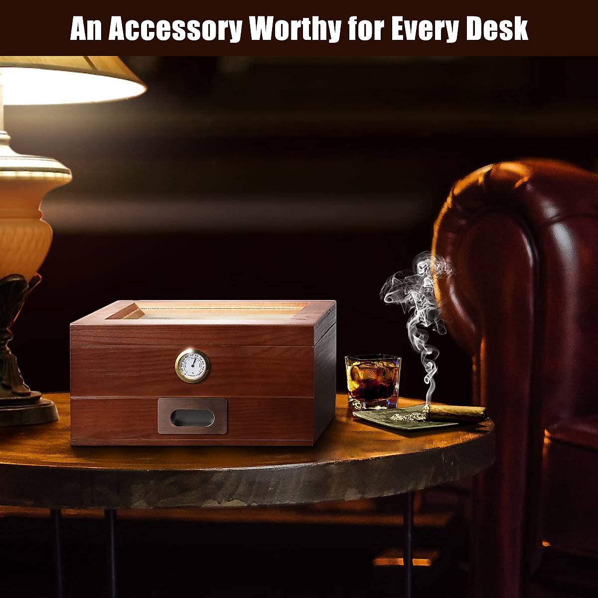 Glass Top Cedar Humidor with Front Hygrometer, Humidifier, Divider, and Accessory Drawer, Desktop Cedar Wood Cigar Box Holds 20-30 Cigars, Cigar Accessories for Men