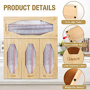4 Pcs/Set Ziplock Bag Storage Organizer Food Storage Bag Holders Bamboo Kitchen Drawer Organizer Ziplock Bag Dispenser for Gallon, Quart, Sandwich, Snack Bags