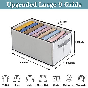DOUBFIVSY 2Pcs Wardrobe Clothes Organizer with Support Board, Large 9 Grids Foldable Jeans Drawer Organizer Waterproof Closet Storage Box for T-shirt Pants Underwear Bra Leggings Sweaters, Grey