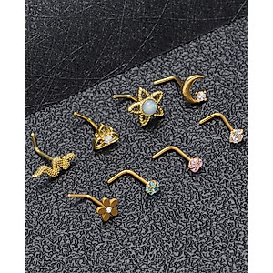 Fxiqini 12Pcs Nose Stud Rings L Shaped Cubic Zirconia Stainless Steel Nose Studs Moon Butterfly Snake Flower Red Heart Star Dangle Nose Piercing Jewelry Nose Stud for Women Men 20G Silver Gold Tone
