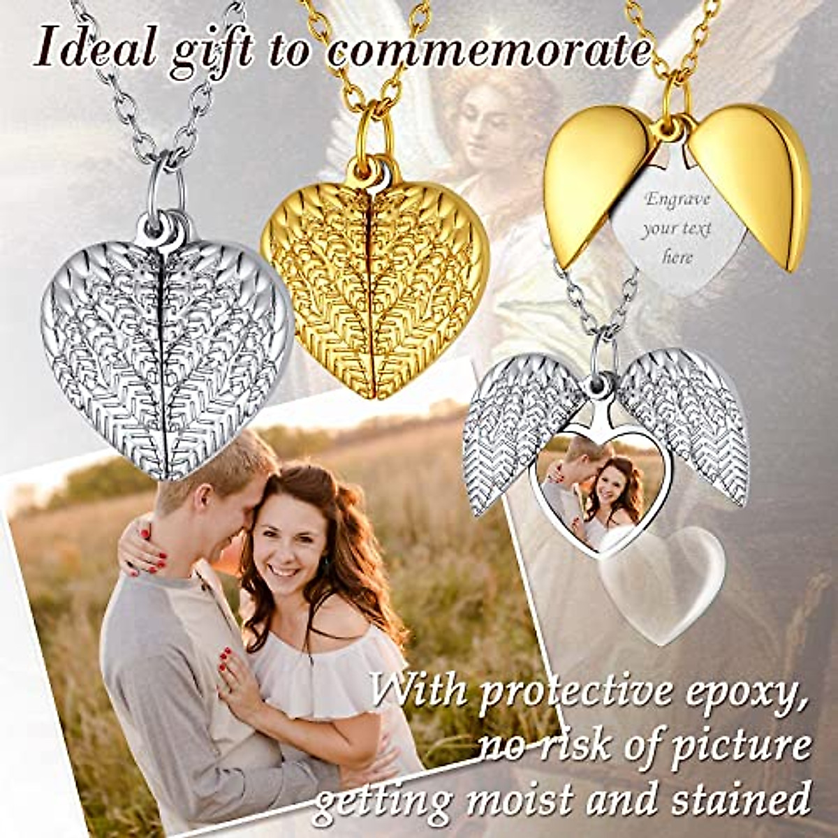 FindChic Personalized Heart Locket Necklace Angel Wings Pendant with Photo Printing Platinum Plated Dainty Custom Full Color Picture Memorial Jewelry for Women Mom Loss of Father Gift