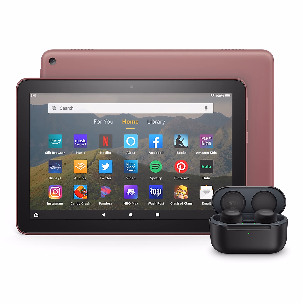 Fire HD 8 tablet Echo Buds bundle including Fire HD 8 tablet (Plum, 32 GB), Lockscreen Ad-Supported, 8" HD display, and All-new Echo Buds