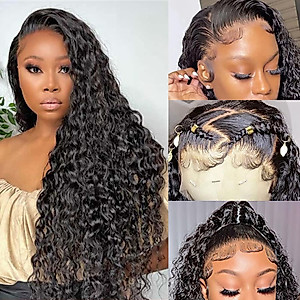 SNJON Water Wave 13x6 HD Transparent Lace Front Wigs Human Hair 180 Density Wet and Wavy Wigs for Women Curly Lace Front Wigs Pre Plucked with Baby Hair Natural Color (18 Inch)