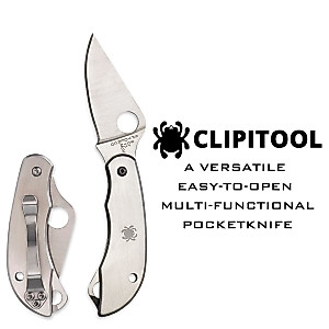 Spyderco ClipiTool Multi-Functional Stainless Steel Utility Pocket Knife with 2" Steel Blade and Screwdriver/Bottle Opener - PlainEdge - C175P