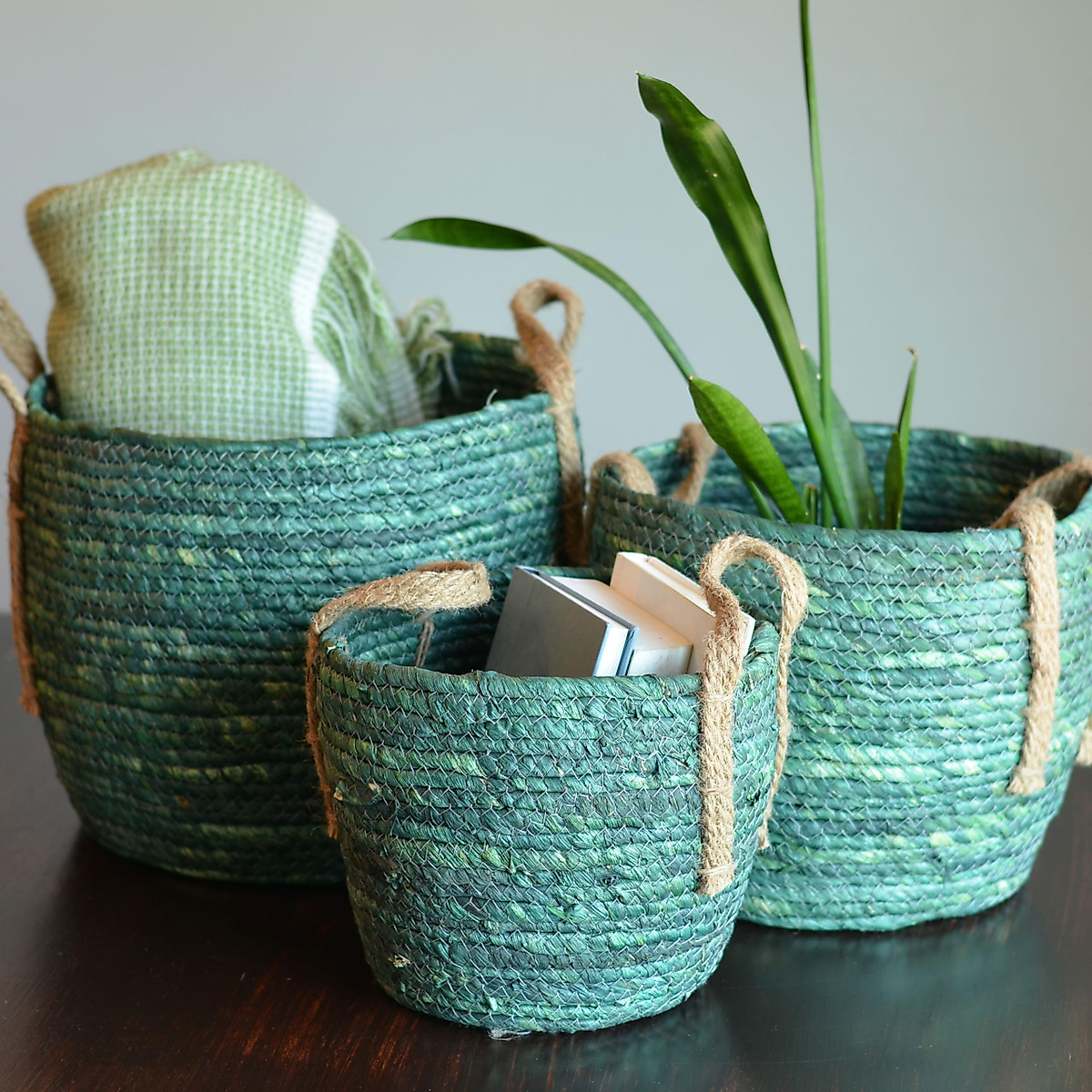Farmers 3 Piece Basket Set, Green Dye Soaked Floor and Shelf Organizers, Corn Husk Wicker, Durable Chunky Rope Weave, Handles, Stitched, Reinforced, Rustic Home Decor, Round, 13, 11, 9 Inches