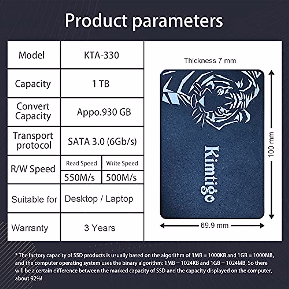 kimtigo 2.5" Internal SSD 1TB, 3D NAND Solid State Drive, SATA III 6Gb/s 2.5 inch 7mm (0.28”), Read up to 550MB/s