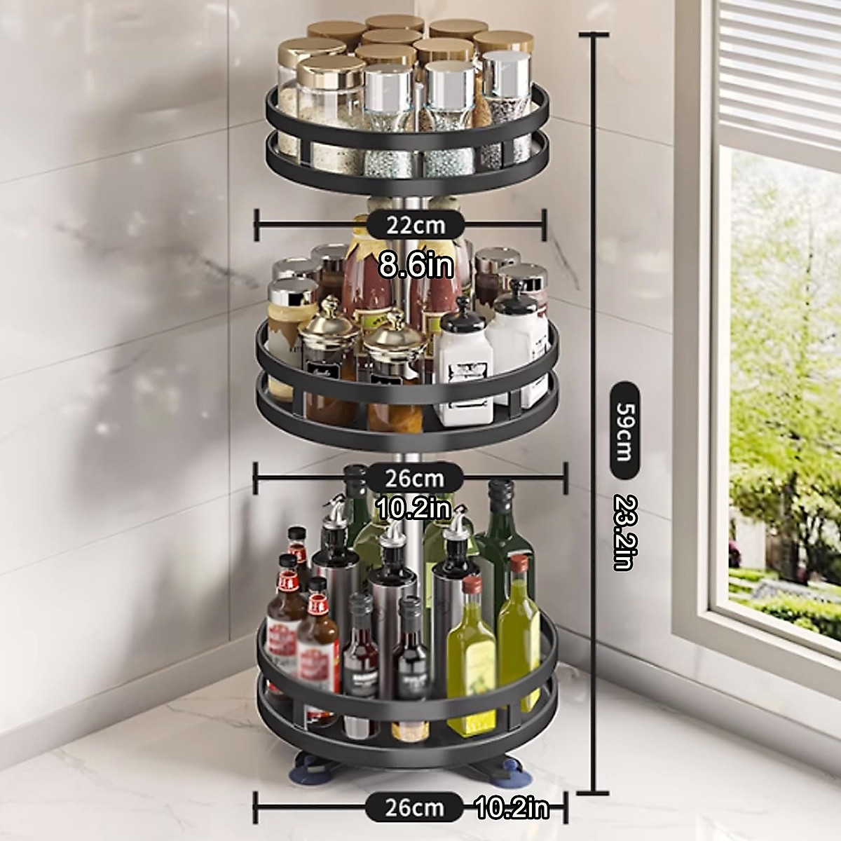 Rotating Spice Rack, Multi-Layer Tier Lazy Susan Turntable, Rotates 360 Degrees, Adjustable Shelves, Double Layer, and A Revolving Design Make it the Perfect Spice Holder (Color : Black, Size : 3 la
