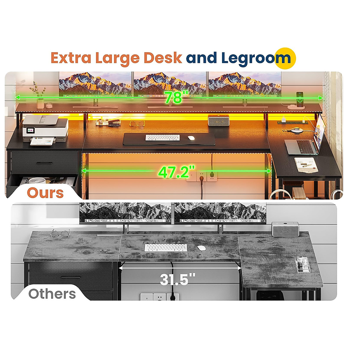 UPOSOJA L Shaped Gaming Desk with 3 Drawers, 78" Reversible Computer Desk with Power Outlet & LED Strip, Home Office Desk with Storage Shelves, Monitor Shelf, Mouse Pad Black