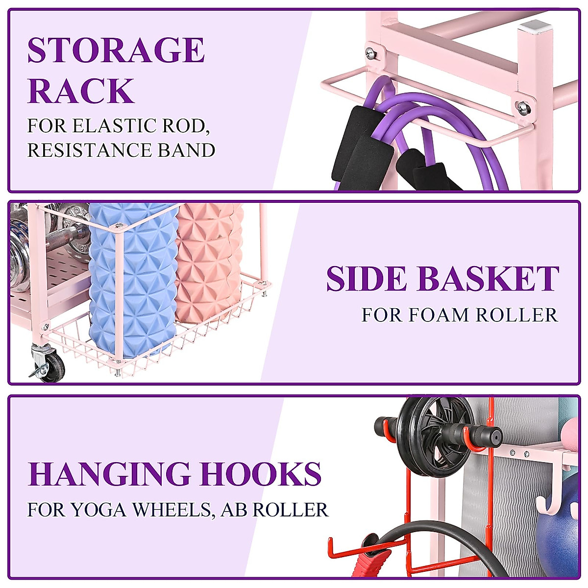 Mythinglogic Yoga Mat Storage Racks,Home Gym Storage Rack for Dumbbells Kettlebells Foam Roller, Yoga Strap and Resistance Bands, Workout Equipment Storage Organizer With Hooks and Wheels