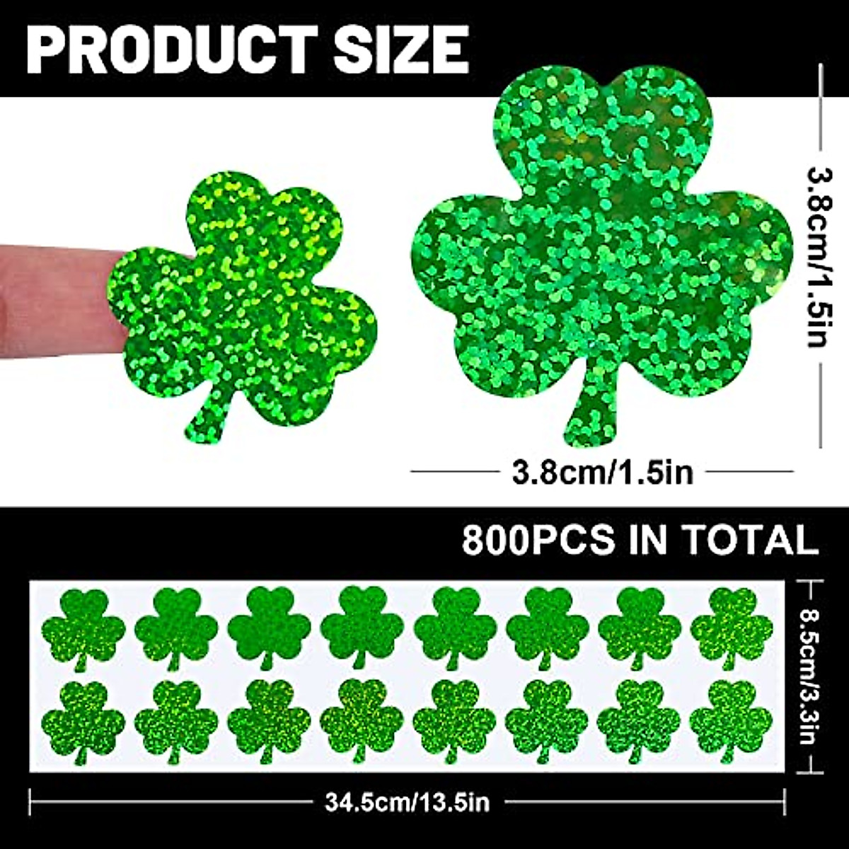 Whaline 800Pcs Shamrock Shape Glitter Stickers St. Patrick's Day Holographic Stickers Lucky Clover Shinny Label Tag Self-Adhesive Stickers for Irish Holiday Party Boxes Cards Seal Envelopes