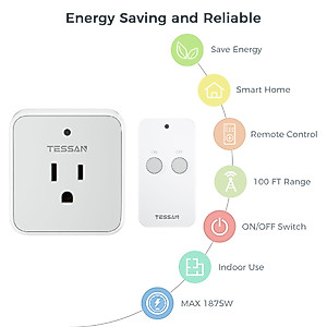 Remote Control Outlet, TESSAN Wireless Remote Light Switch, On Off Switch Plug for Lights, Lamps, Fans, Household Appliances, 100ft RF Range, 15A/1875W(1 Remote + 1 Outlet)