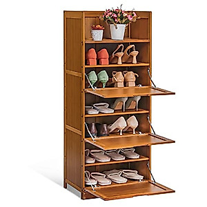 MoNiBloom 7 Tier Shoe Storage Cabinet, Bamboo Narrow Shoes Sneakers Rack Organizer Stand with Pull-Down Doors for 16-20 Pairs Entryway Hallway Living Room, Brown