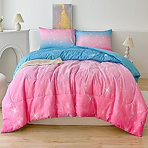 Rainbow Pink Glitter Stars Kids Comforter Set for Girls Queen Size Bedding Set 3 Piece Bed in A Bag Lightweight Quit Blue Gradient Sparkle Mermaid Galaxy Duvet Set for Kids Boys with 2 Pillowcases