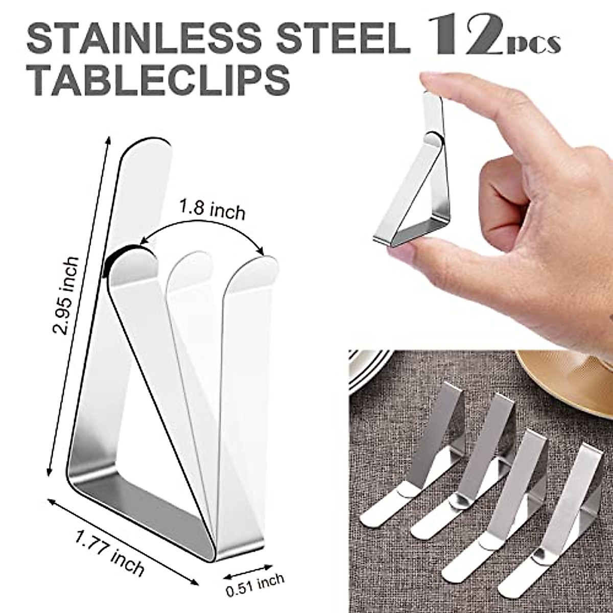 12 Pack Tablecloth Clips- Picnic Table Cloth Clips- Stainless Steel Table Cloth Cover Clamps- Table Clips for Restaurant Picnics Marquees Weddings Graduation Party- Fits Up to 1.7” Thick Tables