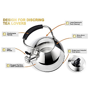 Tea Kettle Stovetop - HIHUOS 2.64QT Whistling Tea Pots for Stove Top - Sleek Teapots with Universal Base, Mirror Stainless Steel Teakettle with Cool Grip Bakelite Handle