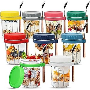 TAOUNOA 9 Pack Overnight Oats Container, 12oz Glass Overnight Oats Containers with Lids and Spoon 350ml Colorful Mason Jars with Lids with Measurement Marks