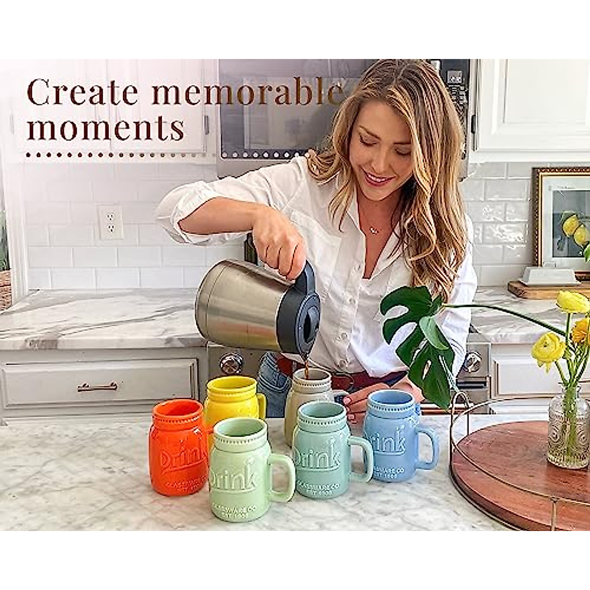 Mason Jar Mugs - Set of 6-15oz - Ceramic, Vibrant Colors - Great for Coffee, Tea, Cold/Hot Drinks, Indoor/Outdoor Parties - Farmhouse Décor