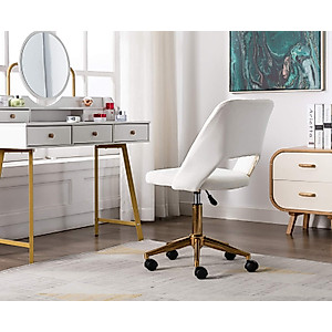 DM Furniture Velvet Office Desk Chair with Wheels, Mid Back Modern Home Office Chair Small and Cute for Bedroom, White with Gold Base