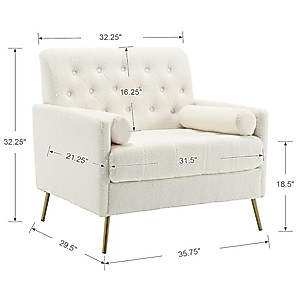 Guyou Modern Accent Chair, White Sherpa Upholstered Tufted Armchair Reading Chair Sofa Chair with Removable Cushion and Gold Legs for Living Room Bedroom Office Chatting Room
