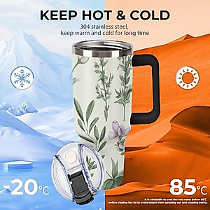 40 Oz Vacuum Tumbler with Black Handle Leakproof Insulated Tumbler Green Flower Herb Sage Leaves Stainless Steel Travel Mug with Lid And Straw Coffee Cup Cute Water Bottles Cup Holder Friendly