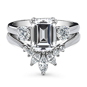 BERRICLE Sterling Silver 3-Stone Wedding Engagement Rings Emerald Cut Cubic Zirconia CZ 7-Stone Ring Set for Women, Rhodium Plated Size 8