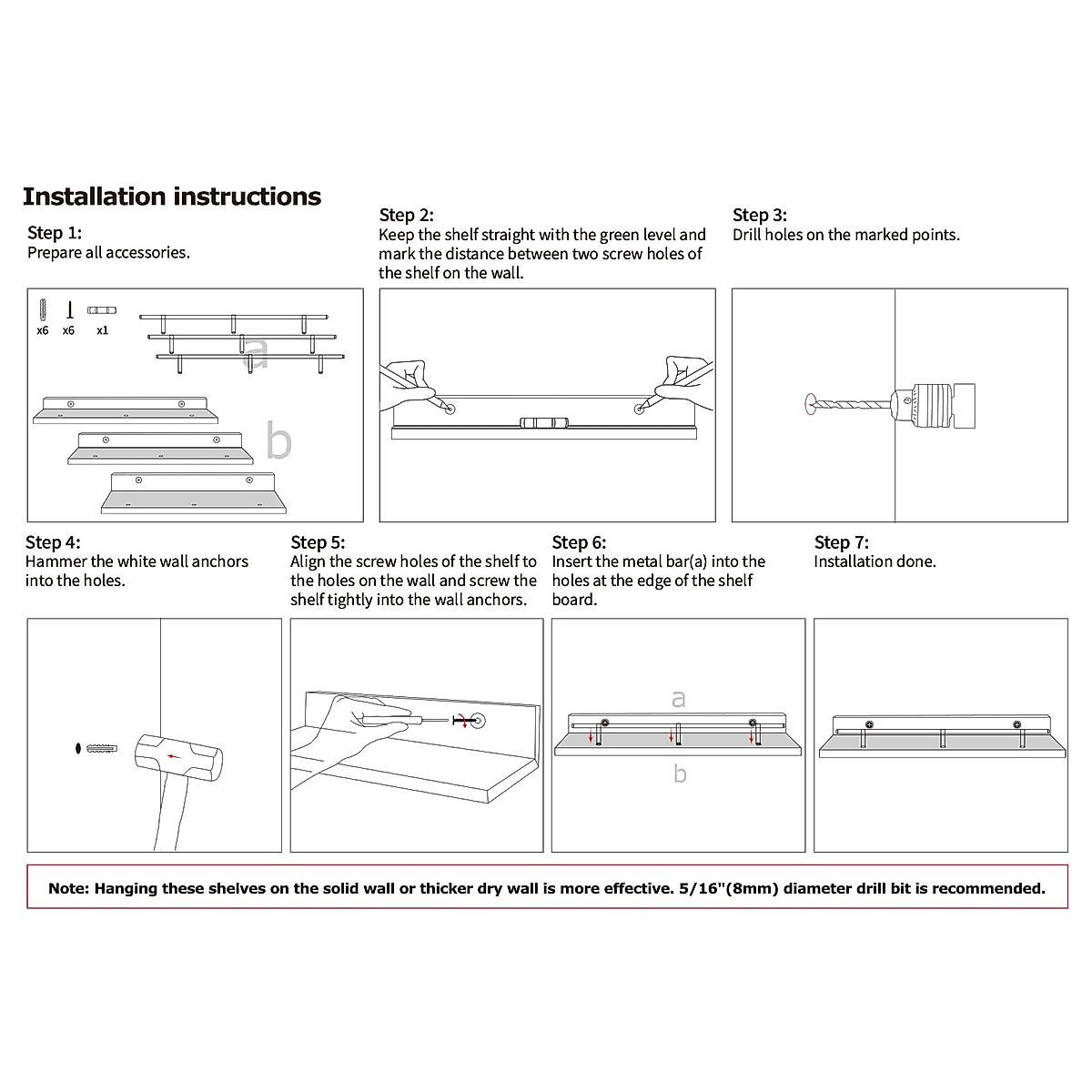 Giftgarden 16 Inch Brown Floating Shelves with Black Metal Guardrail, Wood Shelves for Wall Storage Set of 3, Wall Shelf for Bathroom Bedroom Living Room Kitchen Nursery