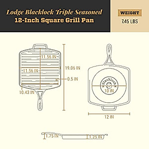 Lodge Blacklock 12 Inch Triple Seasoned Cast Iron Grill Pan - Lightweight Design - Natural, Non Stick Pans - Cast Iron Square Grill Pan - Lasts 100 Years