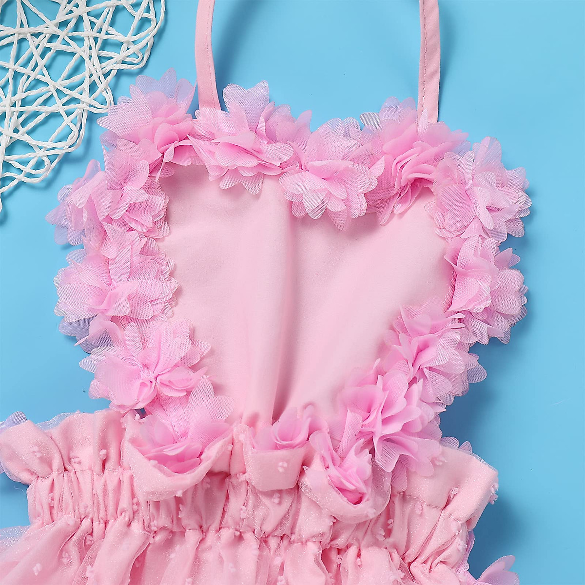 Baby Girls 1st Birthday Outfit Heart Lace Romper Flower Tutu Princess Dress with Tulle Skirt Sleeveless Backless Jumpsuit Sunsuit Playwear Dress Cake Smash Photo Shoot Clothes Pink Flower 18-24 Months