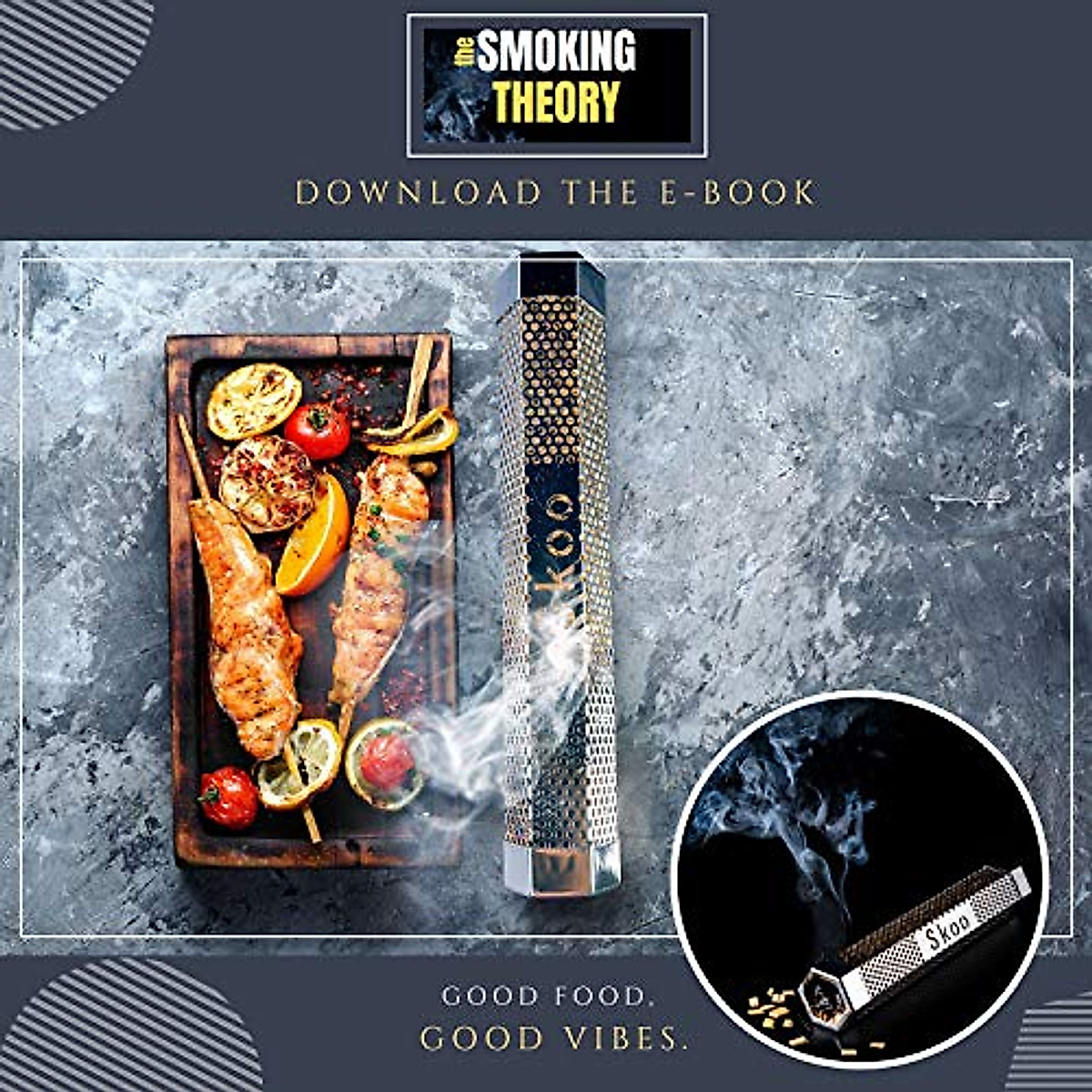Skoo Pellet Smoker - BBQ Hexagonal Smoking Tube + Brush + Hook + Free EBook + Digital User Guide - 5 Hours of Billowing Smoke - For Electric, Gas, Charcoal Grills or Smokers