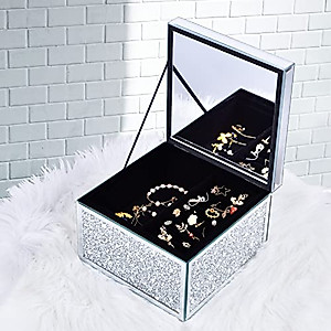 MOMNGNE Bling Crystal Silver Crushed Diamond Glass Mirrored Jewelry Box, Organizer Display Storage Case for Rings Earrings Necklace, Jewelry Boxes for Women