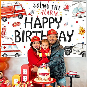 Wonmelody Emergency Birthday Decorations Backdrop Happy Birthday Sound the Alarm Backdrop Banner Rescue Vehicle Birthday Party Supply Team Rescue Backdrop First Responder Transportation Party