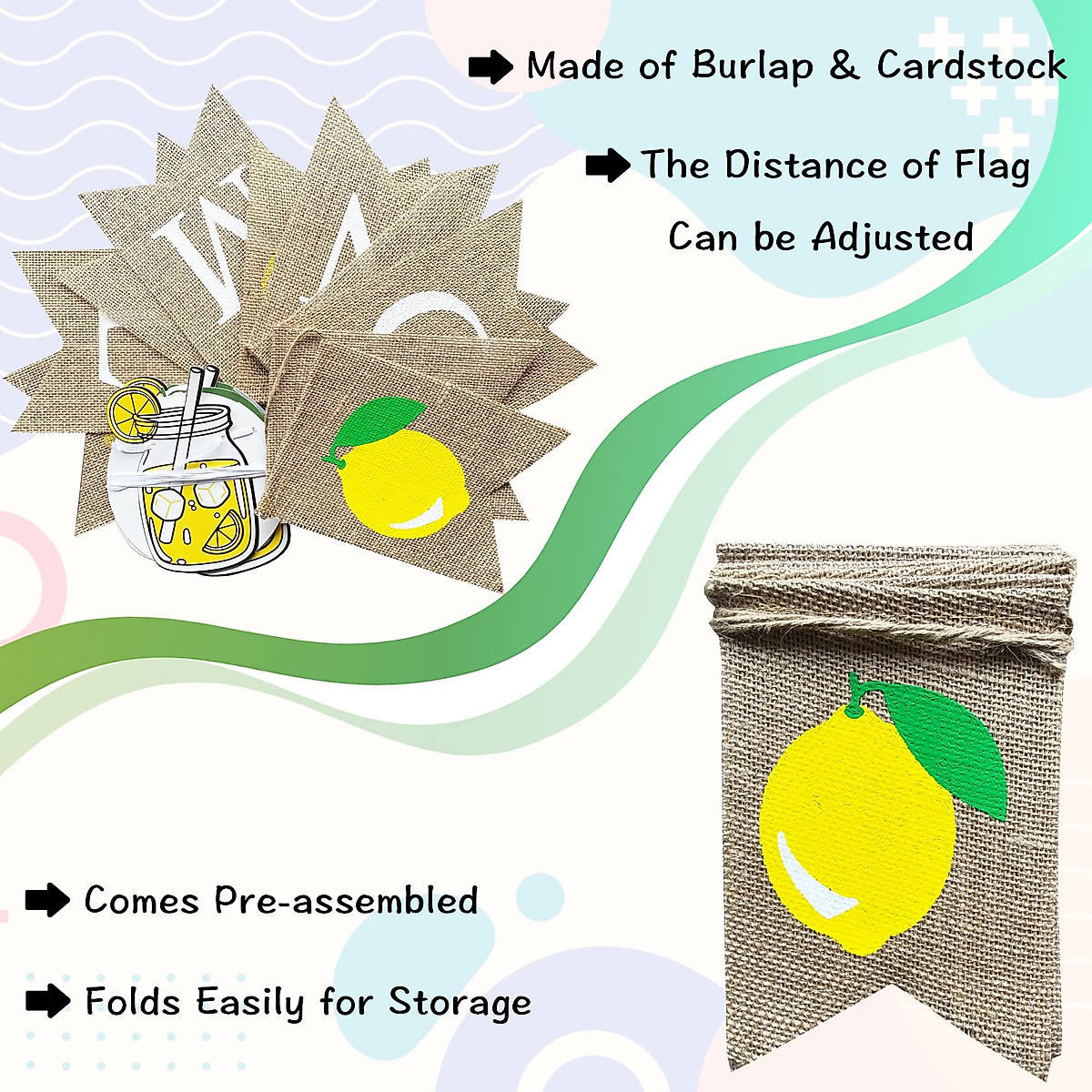 VILIFEVER Burlap Lemonade Banner for Lemonade Stand Decorations, Lemon Garland Summer Lemon Party Decorations Lemonade Themed Bridal Shower Birthday Party Supplies Lemon Decor